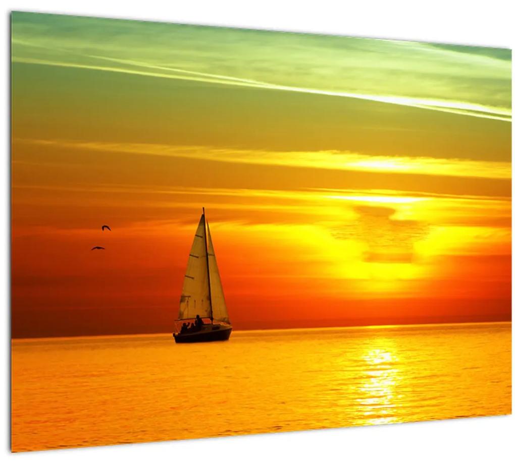 Skleněný obraz západu slunce s jachtou (70x50 cm)