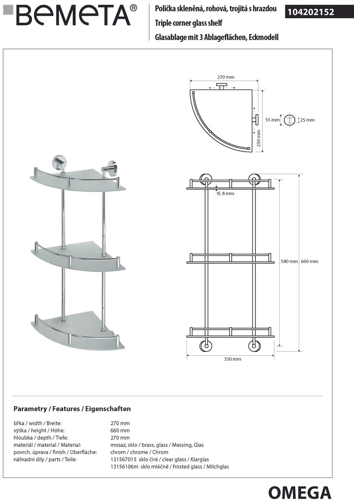 Bemeta Design OMEGA: Polička, rohová, trojitá, sklo -