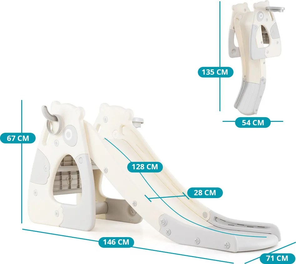 Skládací skluzavka s basketbalovým košem a hrou na házení kroužků