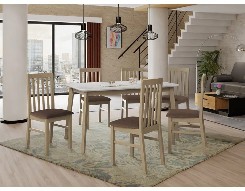 Rozkládací jídelní stůl se 6 židlemi AL16, Barva dřeva: bílá, Potah: Hygge D20, Barvy nožiček: černá