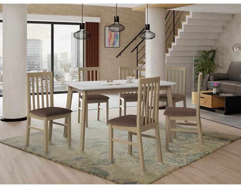 Rozkládací jídelní stůl se 6 židlemi AL16, Barva dřeva: bílá, Potah: Zetta 297, Barvy nožiček: Sonoma