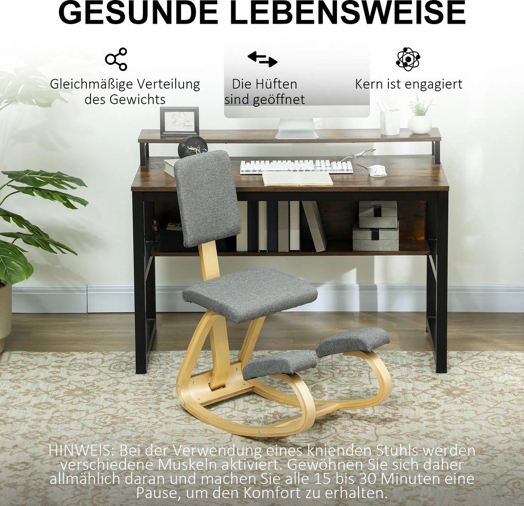HOMCOM Ergonomická Kolenní Židle s Opěrkou, Houpací Kolenní Sedák, Ergonomická Dřevěná Židle, Ortopedická Kancelářská Židle, Korektor Držení Těla, Úl…
