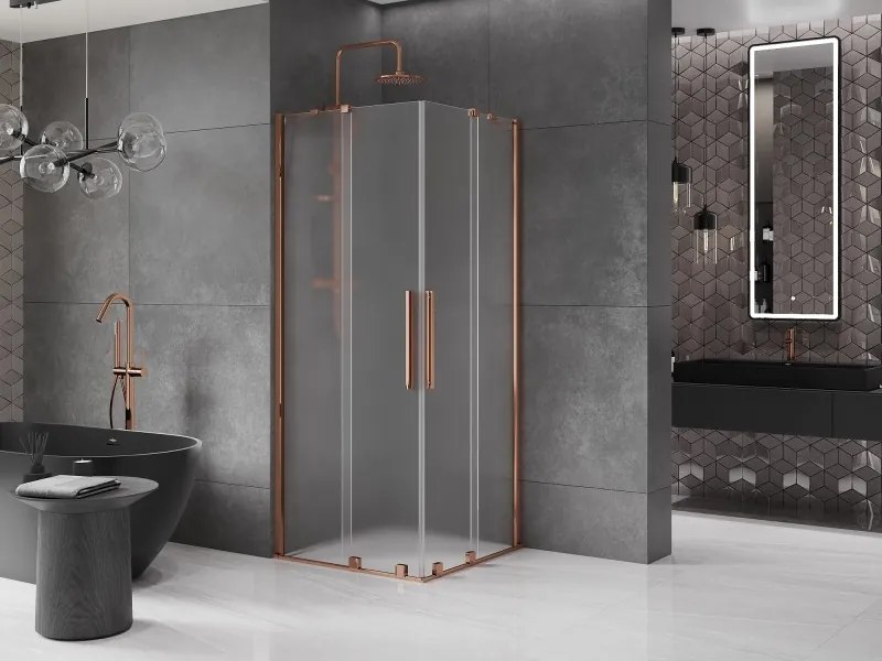 Mexen Velar Duo, sprchový kout s posuvnými dveřmi 100 x 100 cm, 8mm sklo námraza, růžové zlato, 871-100-100-32-60