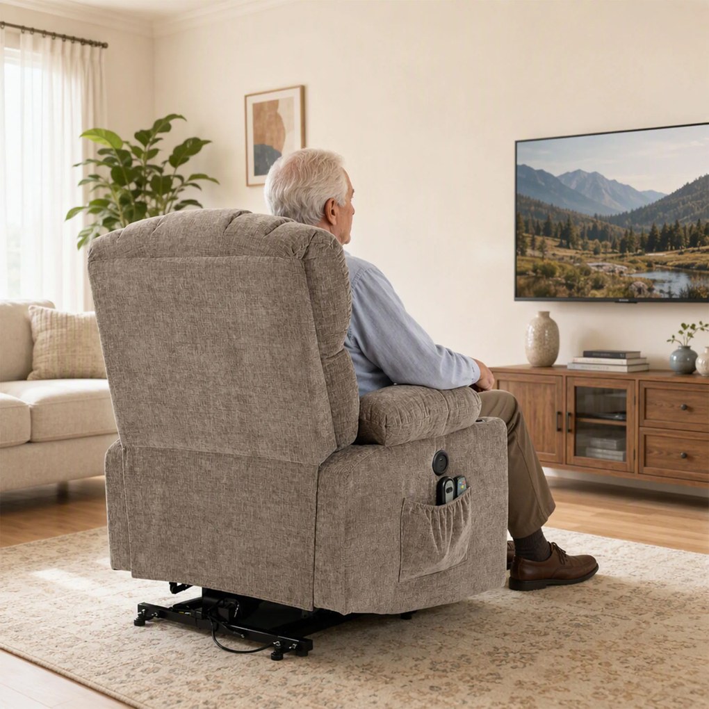 HOMCOM Televizní křeslo s pomocí při vstávání, elektrické relaxační křeslo s masáží a vyhříváním, funkce ležení, USB porty, hnědé