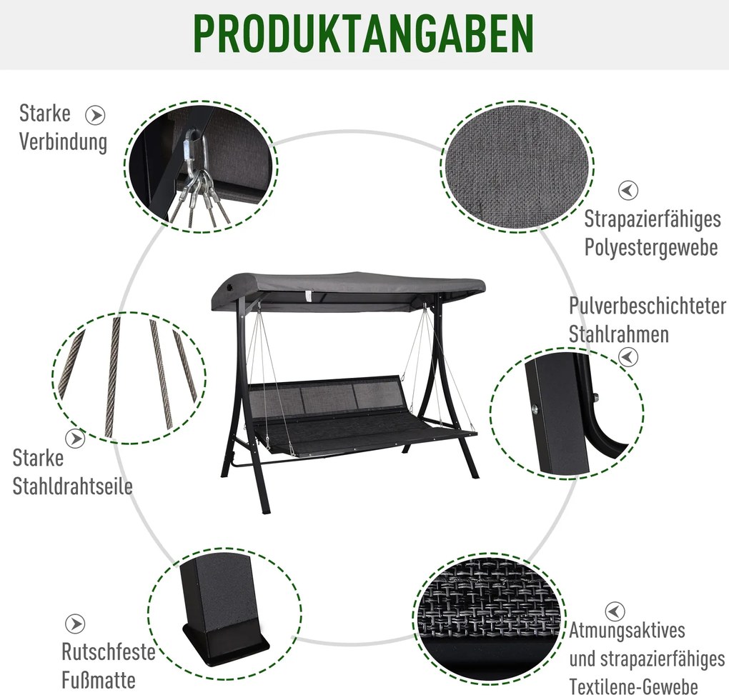 Outsunny Hollywoodská houpačka pro 3 osoby, houpací lavice s nastavitelnou stříškou, zahradní houpačka s polštáři, max. nosnost 270 kg| Aosom