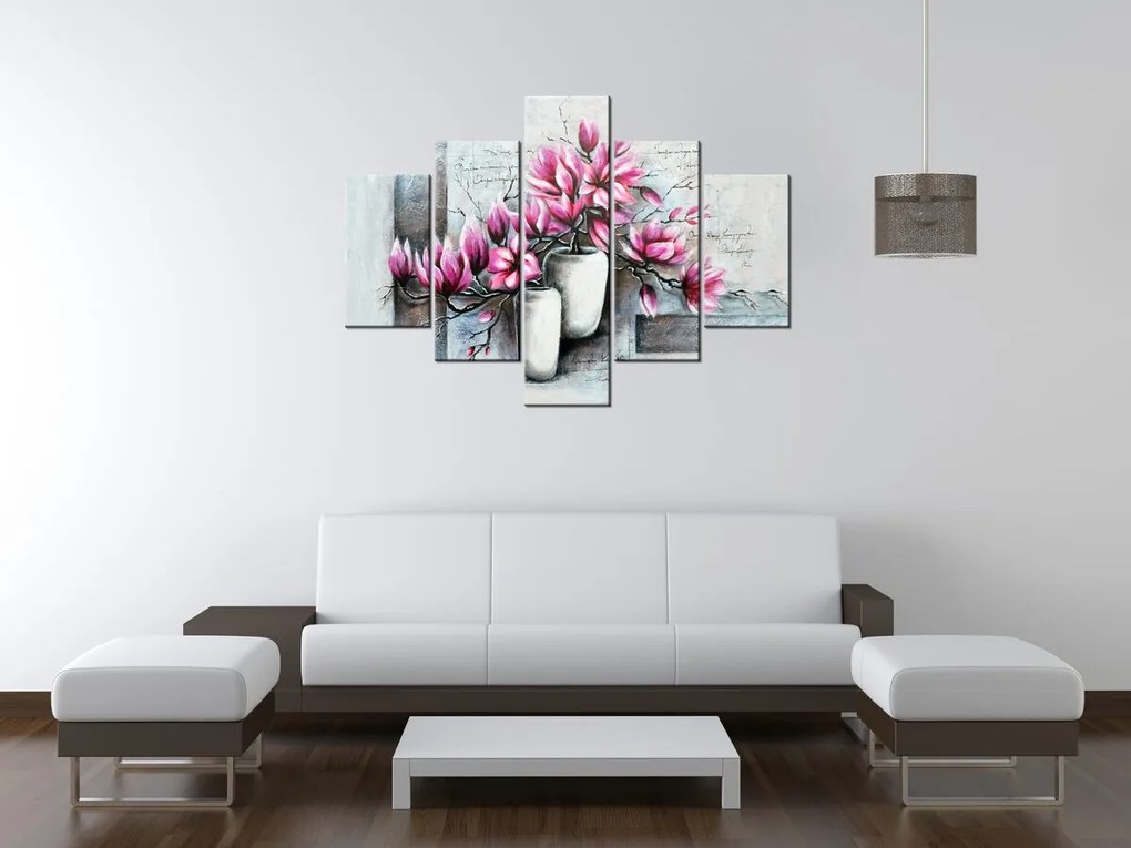 Gario Ručně malovaný obraz Růžové magnolie ve váze - 5 dílný Rozměry: 100 x 70 cm