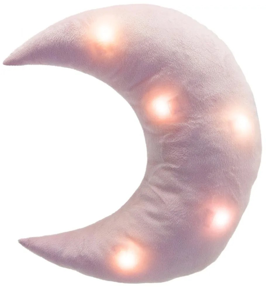 Růžový polštář, dekorativní polštář, měkký polštář, polštář měsíc MOON - zářící polštář LED, růžová barva, 32 x 37 cm
