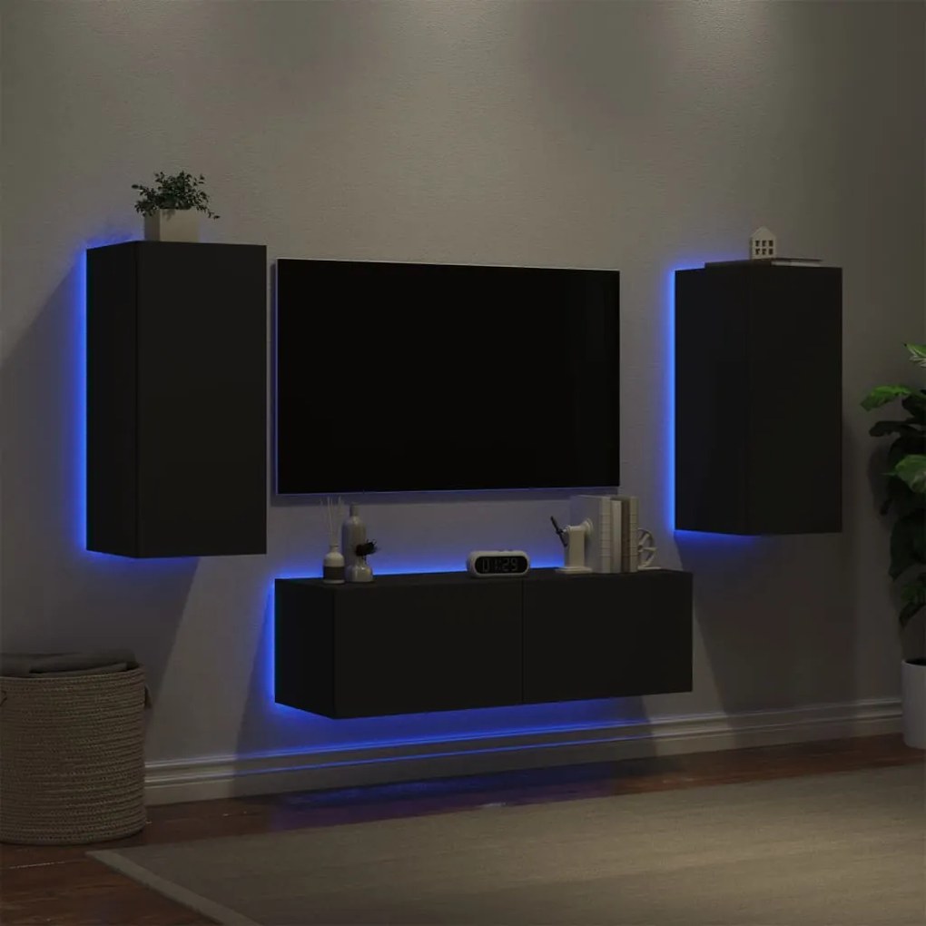 3dílná obývací stěna s LED osvětlením černá - Default Title