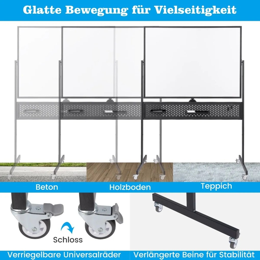 Costway Oboustranná mobilní tabule s kolíčkem, kolečky a stojanem – 120 × 90 cm