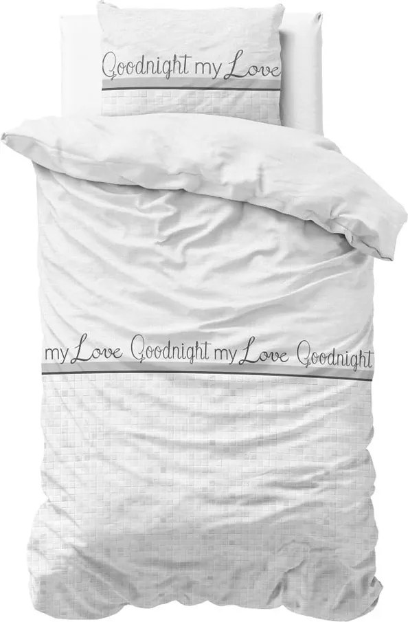 Bílé povlečení z bavlny na jednolůžko Sleeptime Goodnight my Love, 140 x 220 cm