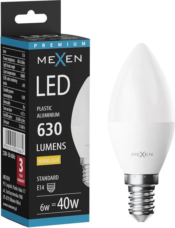 Mexen Nova, LED žárovka E14, C37, 6W, teplá - 3000K, 630lm - L102-E14-0630-01