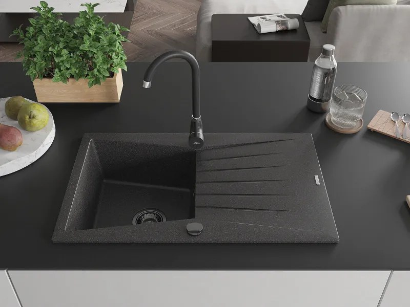 Mexen Cesar, granitový dřez 775x470x190 mm, 1-komorový, černá skvrnitá s černým sifonem, 6514771010-76-B
