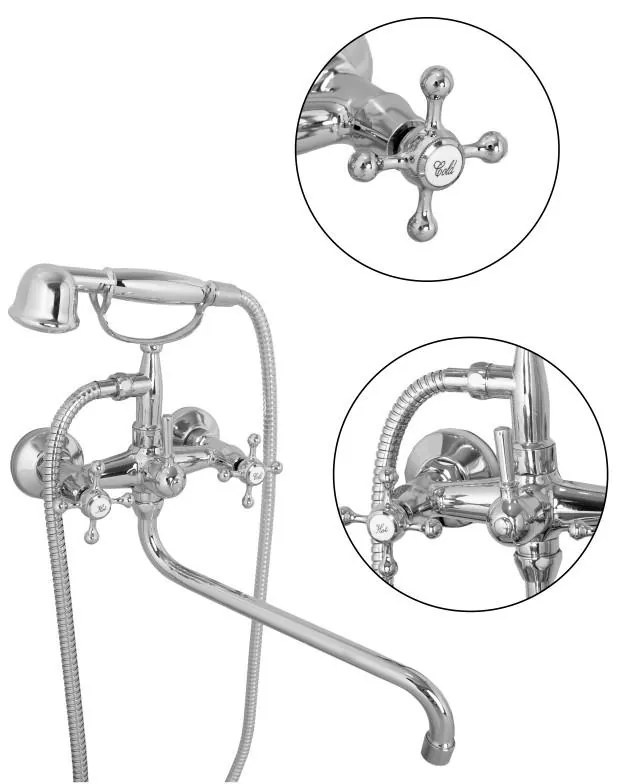Erga Peri, nástěnná retro vanová baterie s ruční sprchovou soupravou, chromová, ERG-YKA-BW.PERI