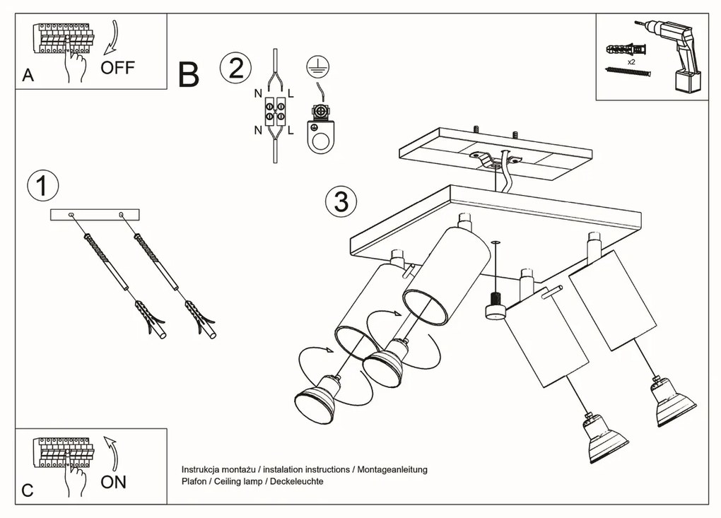 Stropní svítidlo Ring, 4x černé kovové stínítko, (možnost polohování)