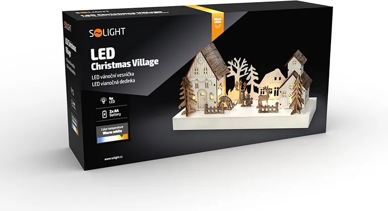 SOLIGHT LED vánoční vesnička, 34x17cm, dřevo, 4 LED, 2x AA