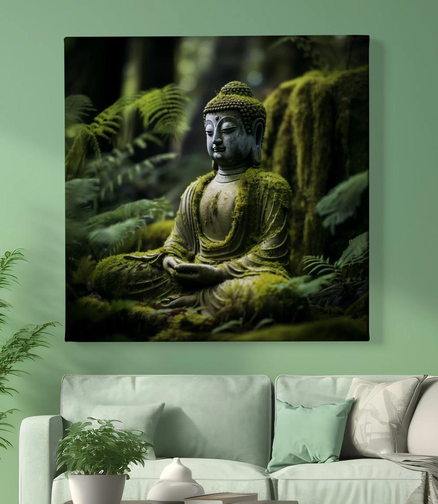 Obraz na plátně - Mechová buddhova socha v lese FeelHappy.cz Velikost obrazu: 60 x 60 cm