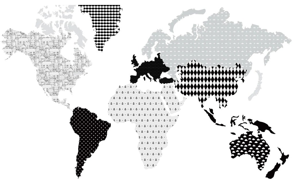 Dekornik Samolepka na zeď Mapa světa černo-bílá Samolepka na zeď Mapa: 150 x 90 cm