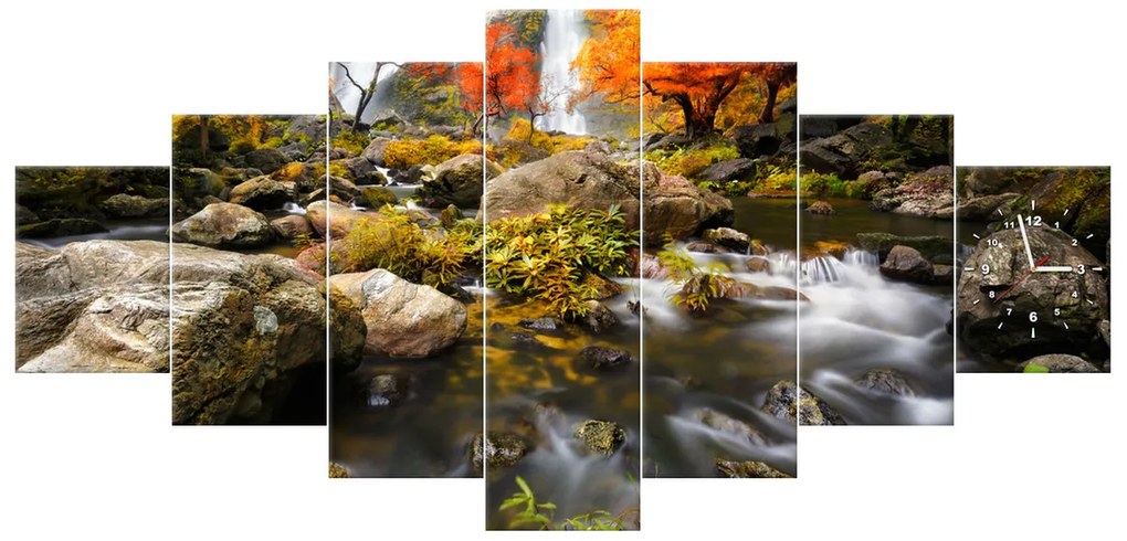 Gario Obraz s hodinami Podzimní vodopád - 7 dílný Rozměry: 210 x 100 cm