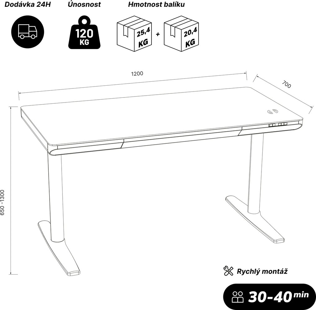 Elektrický psací stůl sit-stand se zásuvkou a bezdrátovou nabíječkou Qi černý, 1200 mm: ELLIS
