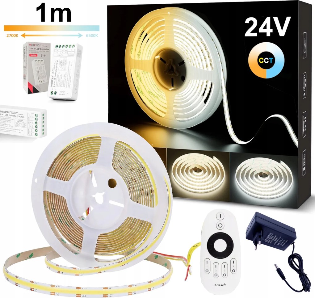 Led pásek 1 m Cob Cct 24V S Proměnlivou Barvou 2700K-6500K Ovladač Napájecí Zdroj