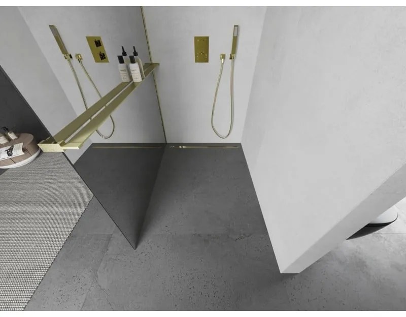 Mexen Kioto+, sprchová zástěna Walk-In s poličkou a věšákem 120 x 200 cm, 8mm sklo vzor zrcadlo, zlatý matný profil, 800-120-121-55-50