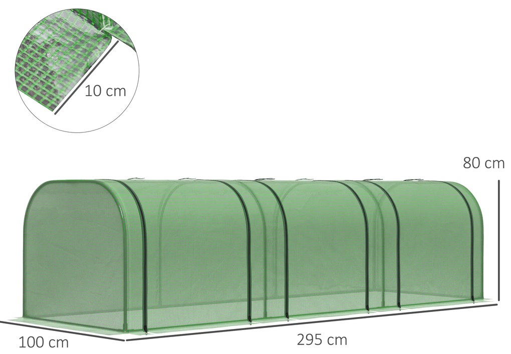Fóliový skleník Outsunny Skleník s dveřmi 295x100x80 cm, skleník pro pěstování rostlin z oceli a PE, zelený
