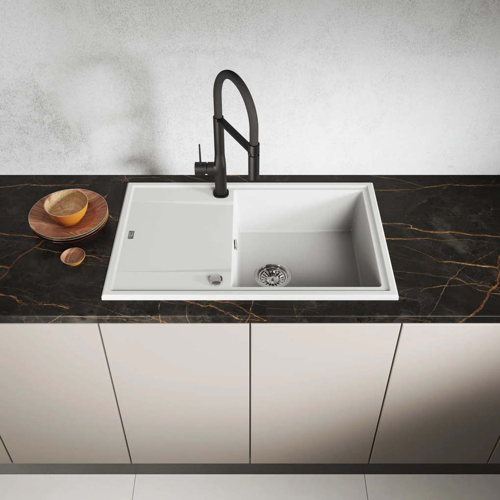 Laveo Megalo, 1-komorový granitový dřez 780x500x185 mm, bílá, LAV-SBE_611T