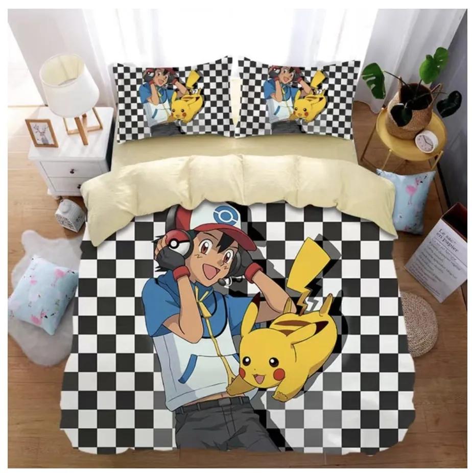 3-dílné ložní povlečení Pokémon - Pikachu 3D (228 x 228 cm a 2x povlak na polštář 50 x 75 cm) Motiv: 5 - černobílé čtverečky, Ash a Pikachu