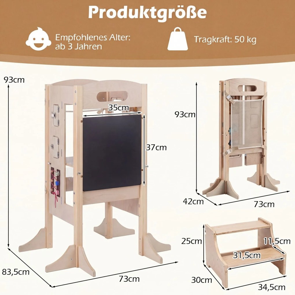 Costway Skládací výuková věž 3 ve výukové židli 1 Montessori s tabulí, ochranou