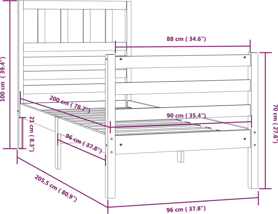 vidaXL Rám postele masivní dřevo 90 x 200 cm [3101075] Barva: Černá