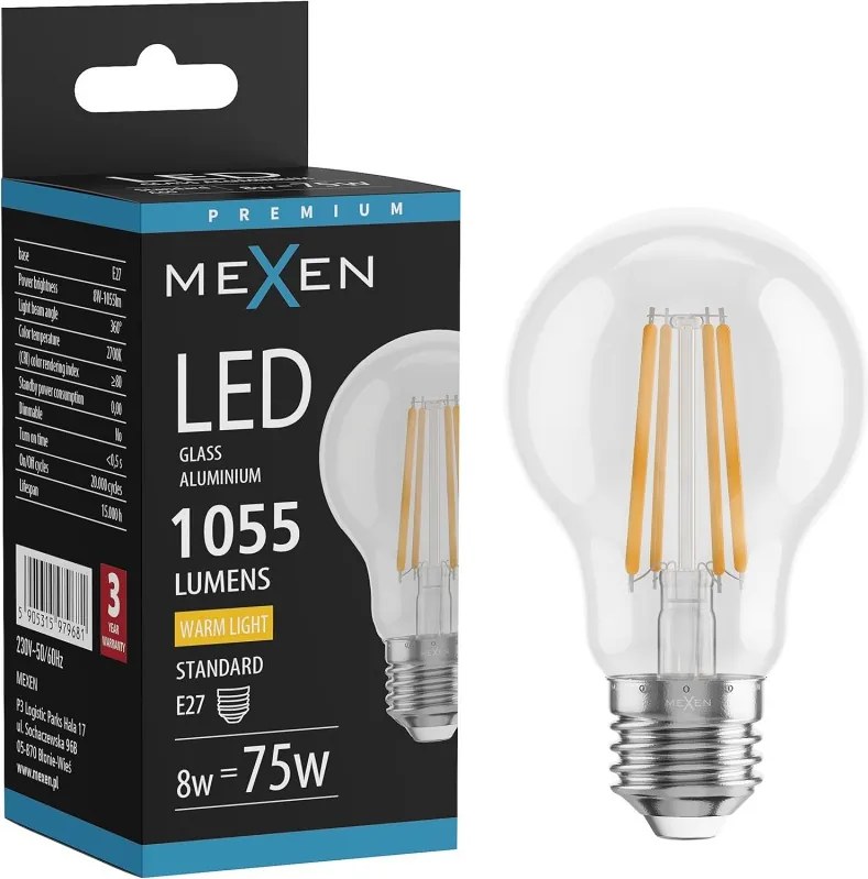 Mexen Vintis, LED filamentová žárovka E27, A60, 8 W, teplá bílá 2700K, čirá, L150-E27-0827-00