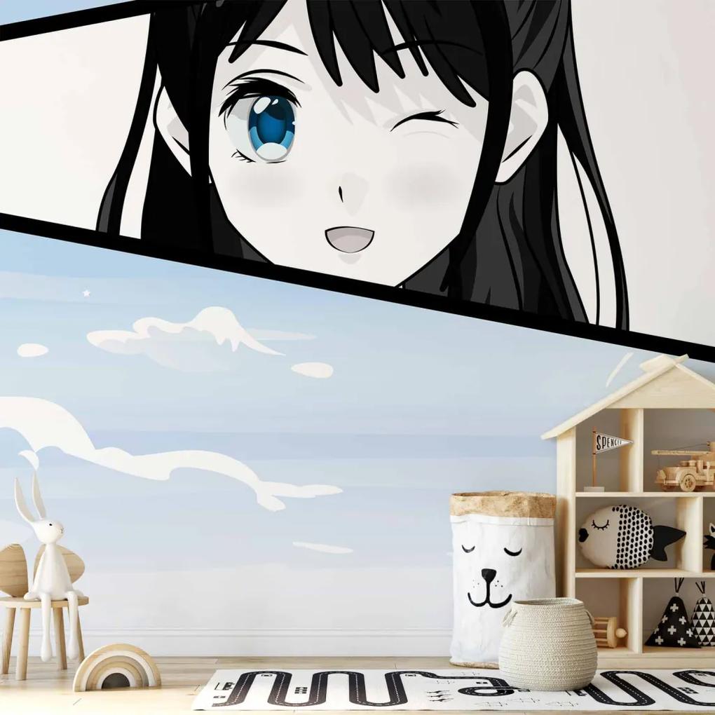 Fototapeta Dívka ve stylu manga - komiksová postava na pozadí modré oblohy