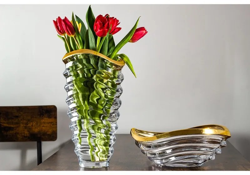 KŘISTÁLOVÁ VÁZA BOHEMIA PRESTIGE WAVE MATT GOLD 340MM