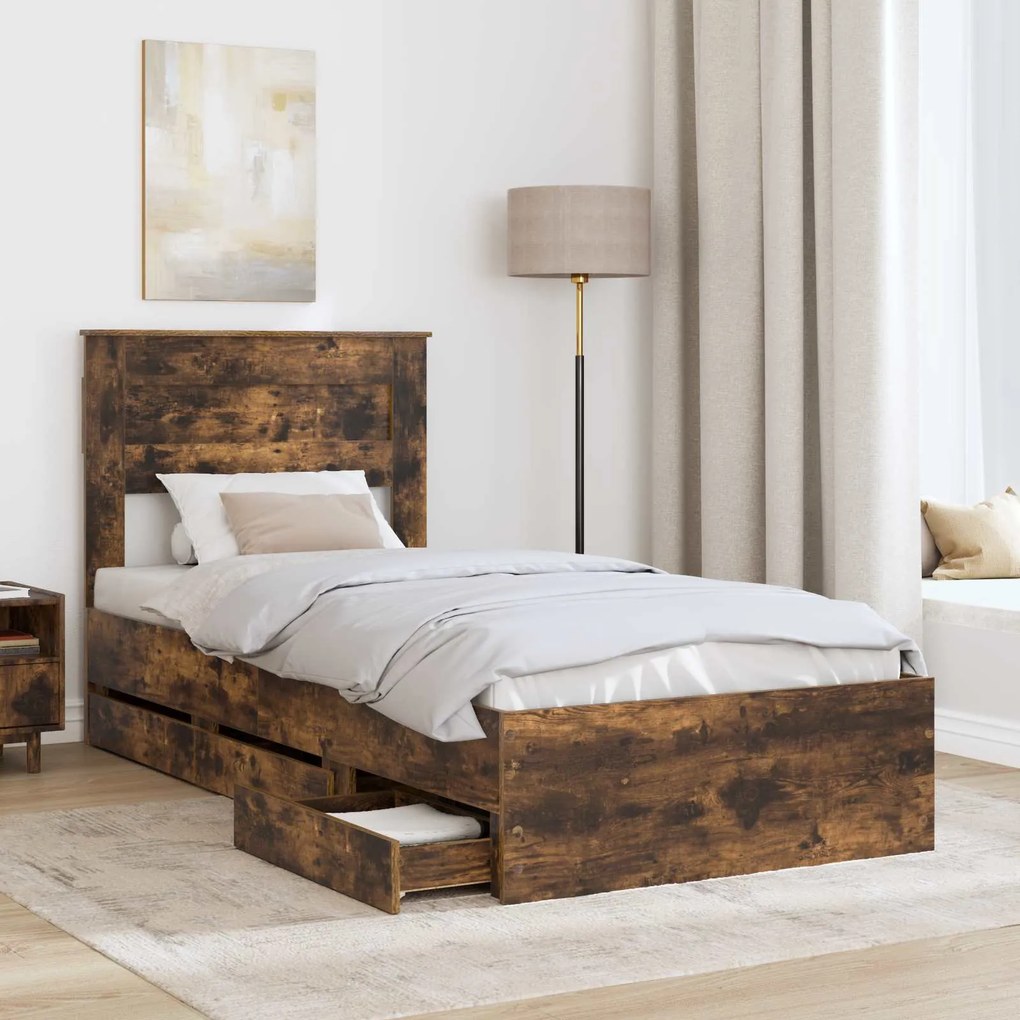 Rám postele s čelo Kouřový dub 100 x 200 cm Inženýrské dřevo 3409871