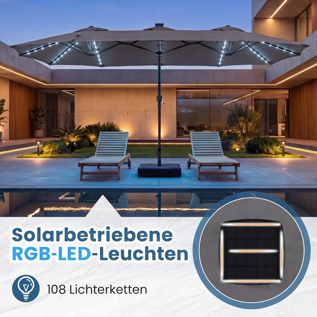 Costway Dvojitý slunečník s klikou a stojanem s 108 LED světle – 370 × 200 cm