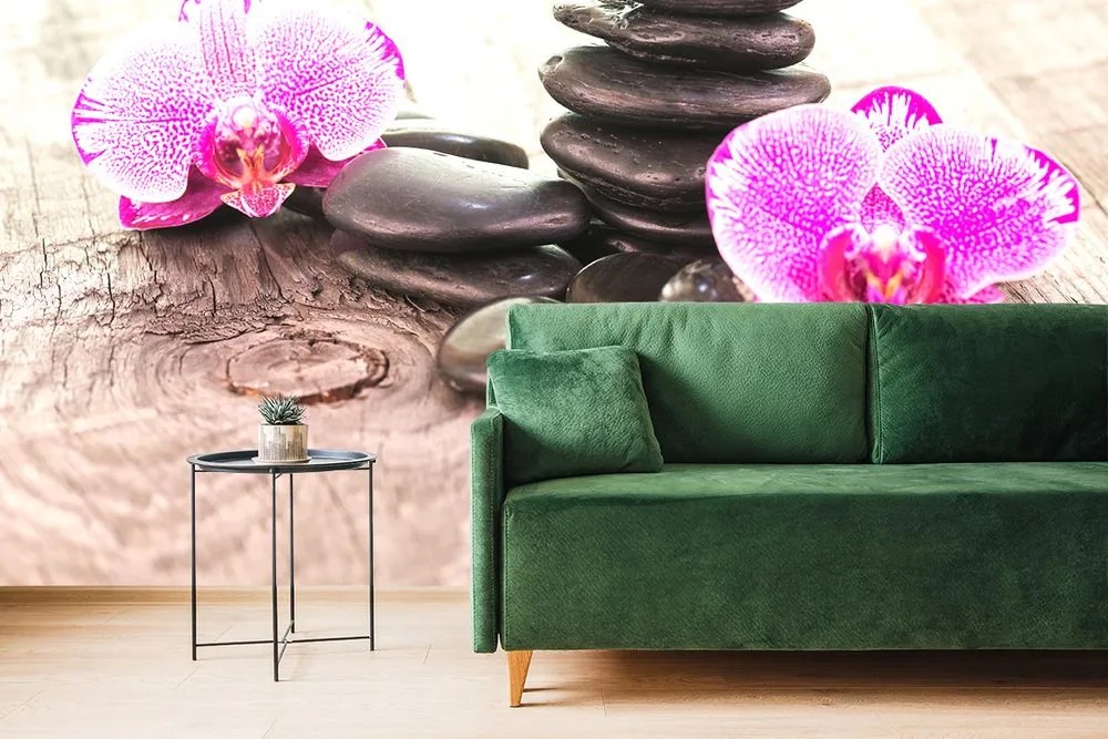 Samolepící fototapeta orchidej a Zen kameny na dřevě