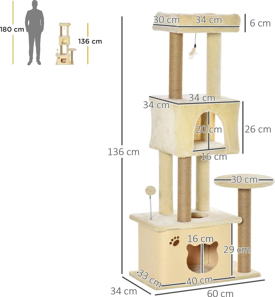 PawHut Velký Škrabací Strom pro Kočky 60x34x136 cm s Platformami, Hřejivými Jeskyněmi, Odnímatelnými Jutovými Sloupky a Visacím Míčkem Bežová