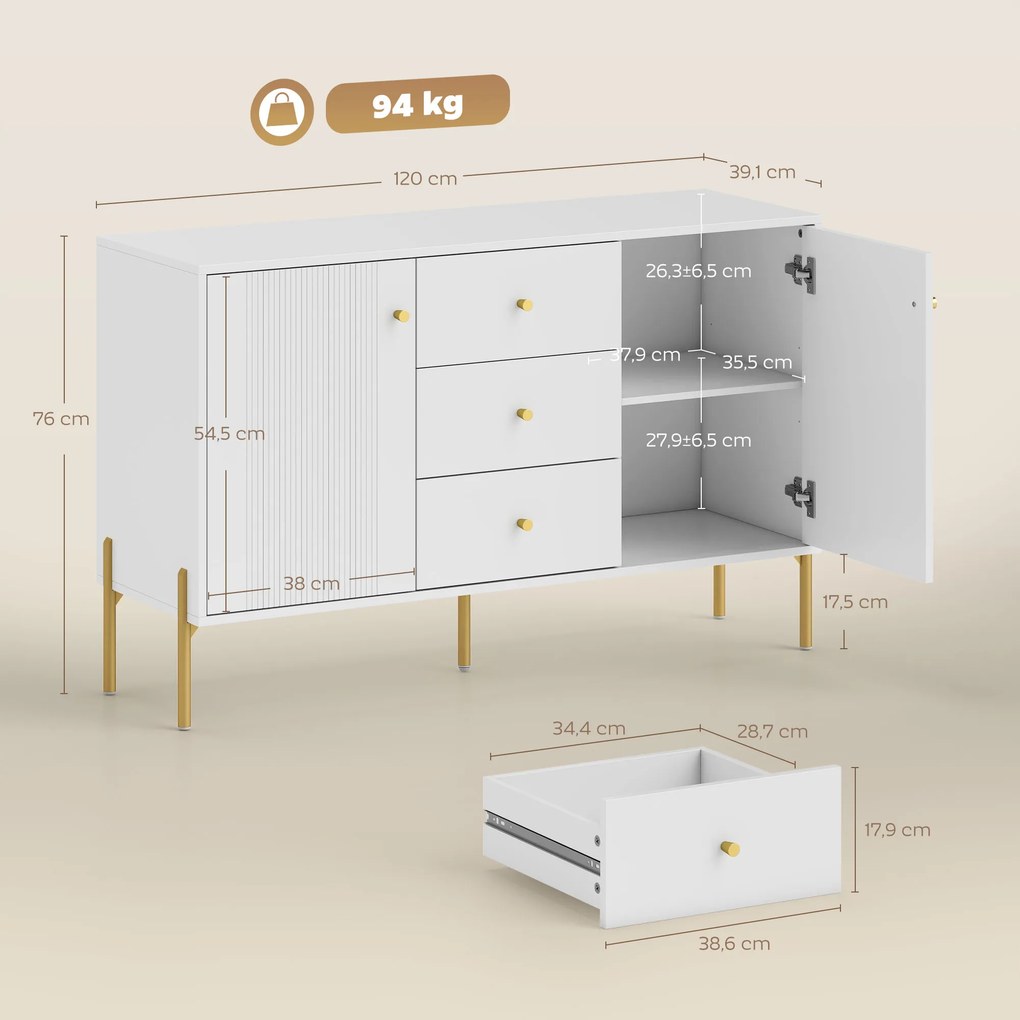 HOMCOM Moderní sideboard, nábytek do kávového koutku se 3 tichými zásuvkami, 2 nastavitelné police, 5 kovových nohou, bílé