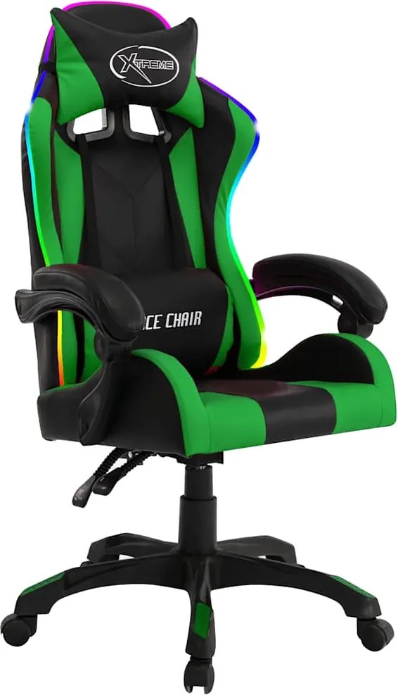 Herní židle s RGB LED podsvícením zeleno-černá umělá kůže 287999