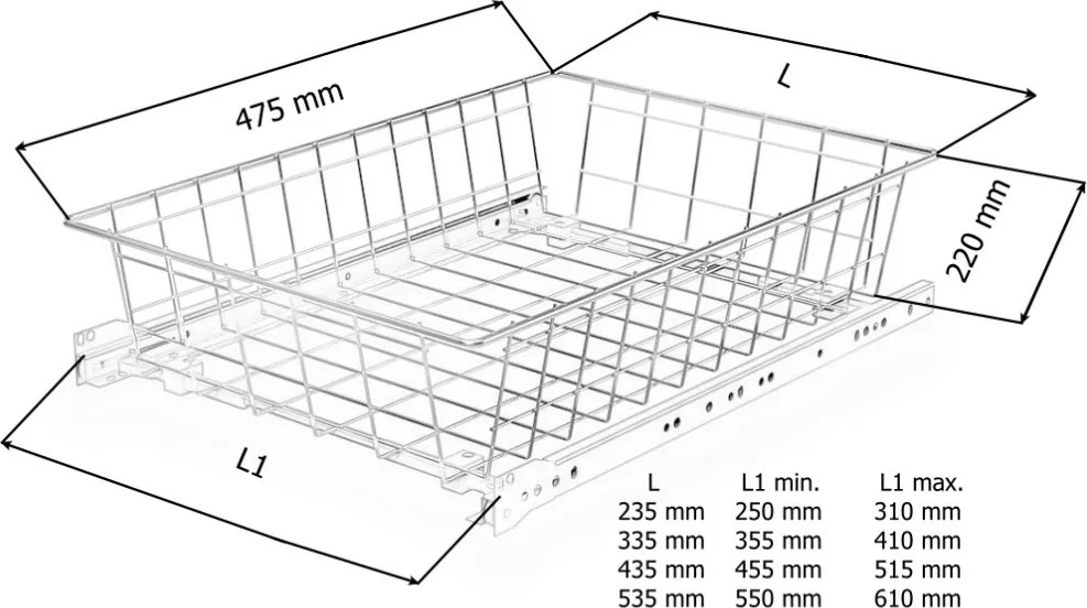 In-Design Výsuvný šatní koš na oblečení výška 220 mm šedá Šířka koše (mm): 335 mm, Minimální nastavitelná šířka: 355 mm, Maximální nastavitelná šířka: 410 mm