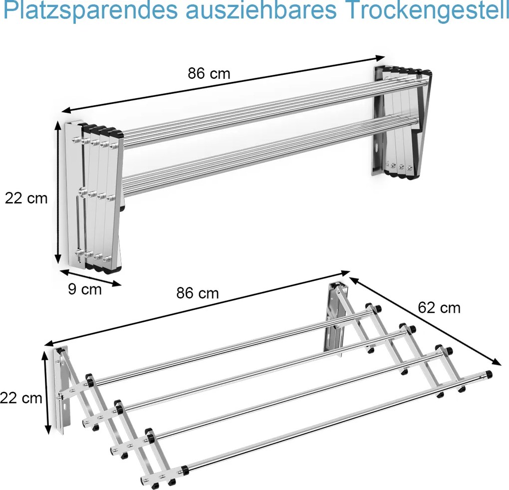 Costway Nástěnný věšák na prádlo, výsuvný nástěnný sušák z nerezové oceli s 8