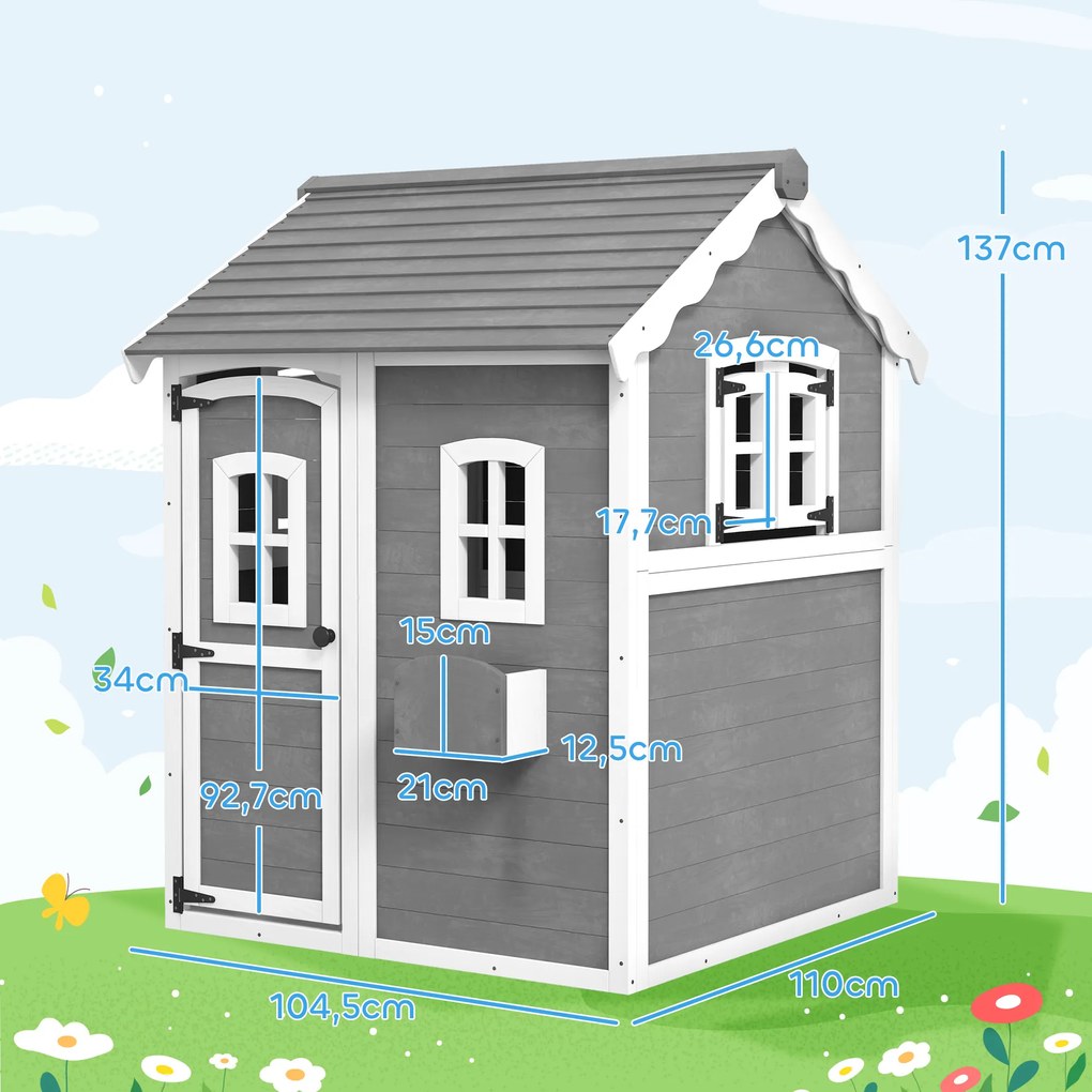 Dětský domek na hraní, vnitřní a venkovní domek s dveřmi, okny a truhlíkem na květináče, jedlové dřevo, šedá barva