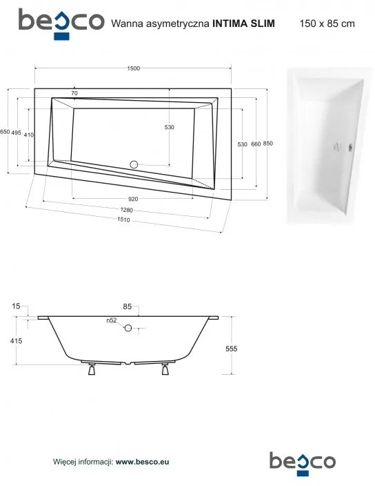 BESCO Asymetrická vana INTIMA SLIM Nožičky k vaně - S nožičkami, Rozměr vany - 160 × 90 cm, Způsob provedení - Levé - VANINTI16SLIML+OLVPINOZSTELI