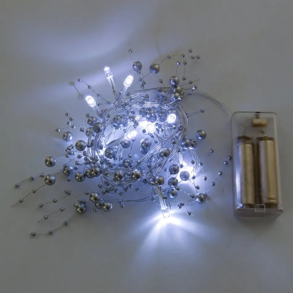 LED světýlka na baterie, perly stříbrné, 1,3 m, ledově bílá, 10 diod, čirý kabel, IP20 interiér, 2 × AA