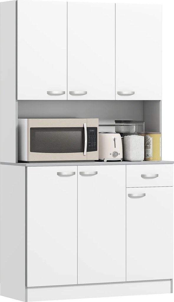 HOMCOM Moderní kuchyňský bufetový kabinet s vícero úložnými prostory, 6 dveří, 1 šuplík + velká pracovní deska, rozměry 101L x 39W x 180H cm v bílé a…