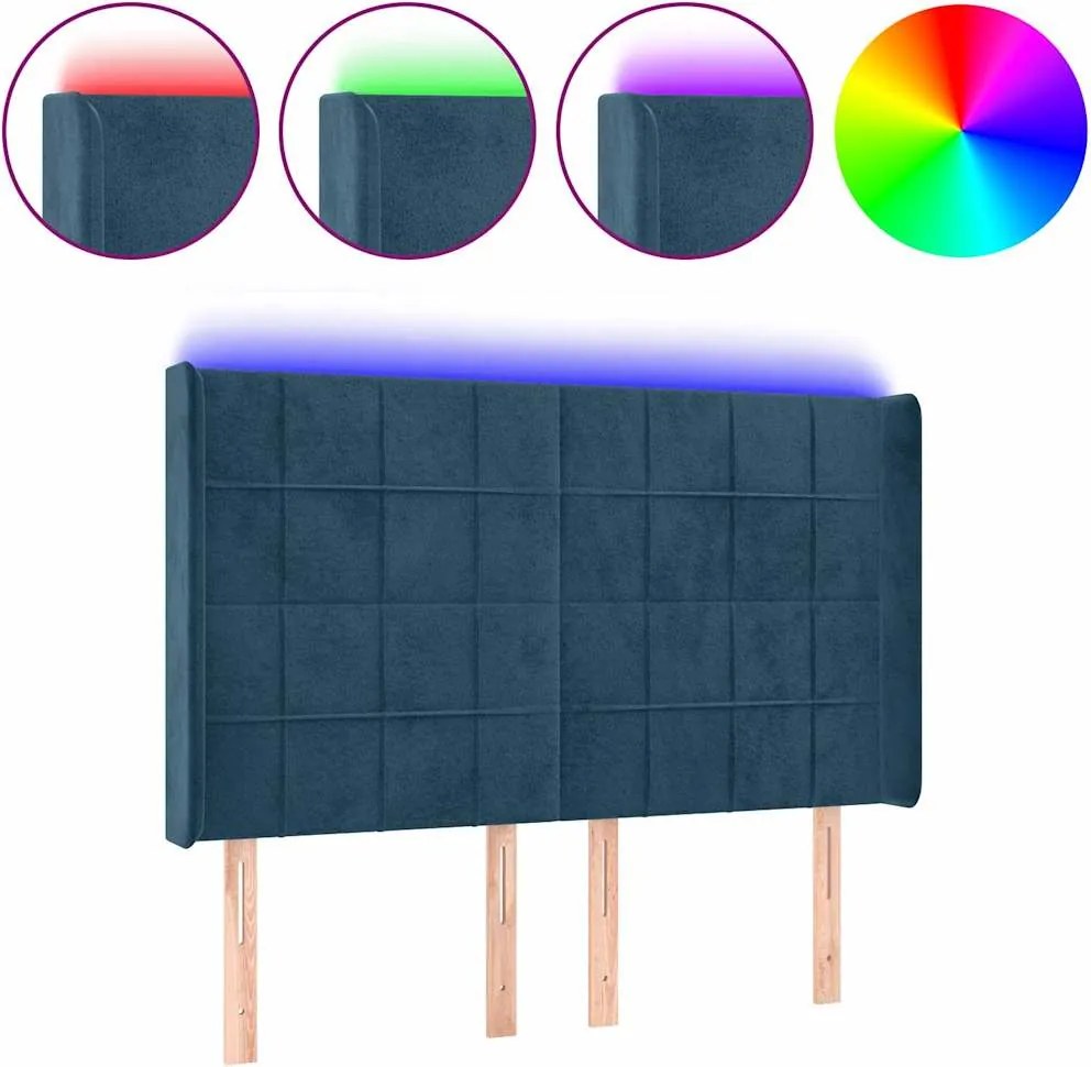 Čelo postele s LED tmavě modré 147 x 16 x 118/128 cm samet 3124100