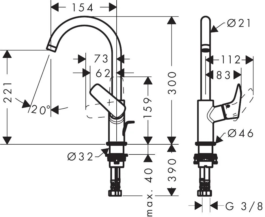 Hansgrohe Logis, umyvadlová baterie 210 s otočným výtokem as odtokovou soupravou s táhlem, černá matná, HAN-71130670