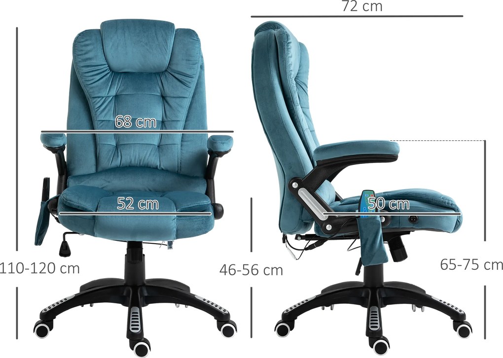 Kancelářská židle Vinsetto s masážní a tepelnou funkcí, výškově nastavitelná herní židle do 120 kg, 68x72x110-120 cm, modrá