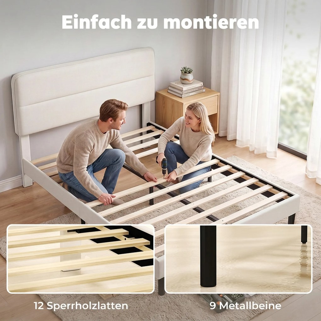 HOMCOM Postelový rám 140 x 200 cm s nastavitelným čelem, čalouněná postel s lněným vzhledem se 12 překližkovými laťkami, béžová