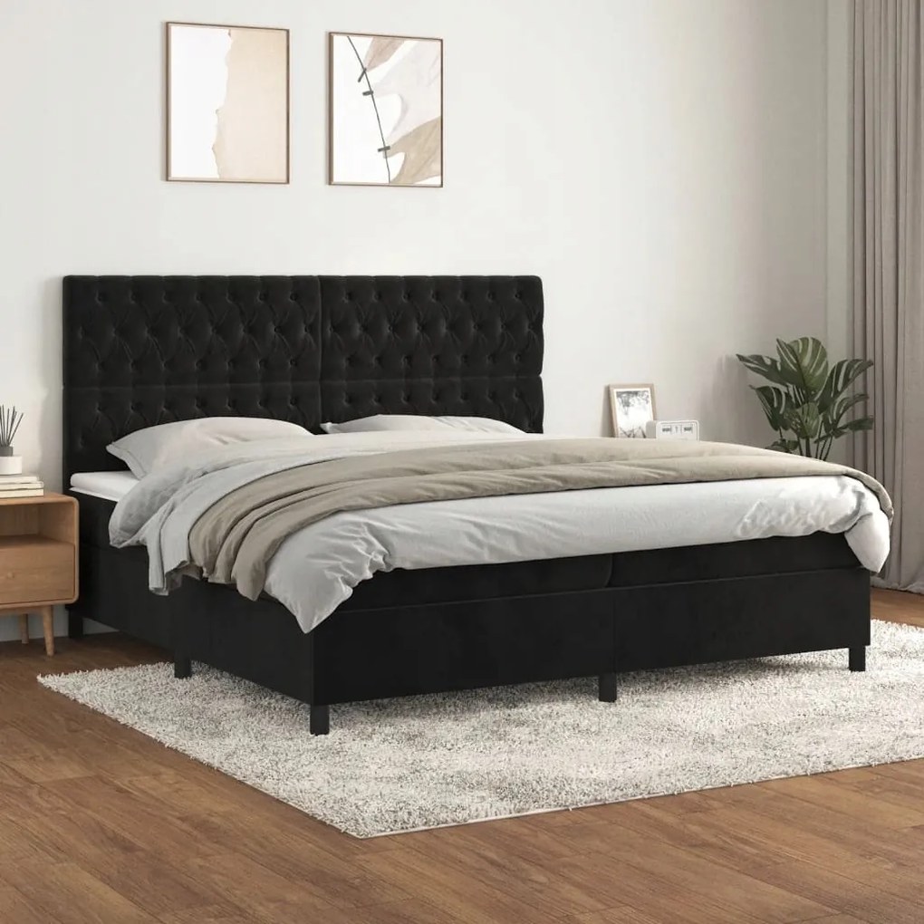 Box Spring Postel S Matrací Černá Samet Černá Prošívaný design 200 x 200